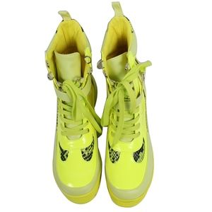 Shoes | Neon Yellow Lace Up Lug Platform Block Heel Boot | Poshmark